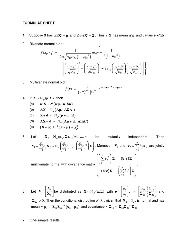 Formulae Sheet For Multivariate Statistics | Download Free PDF ...