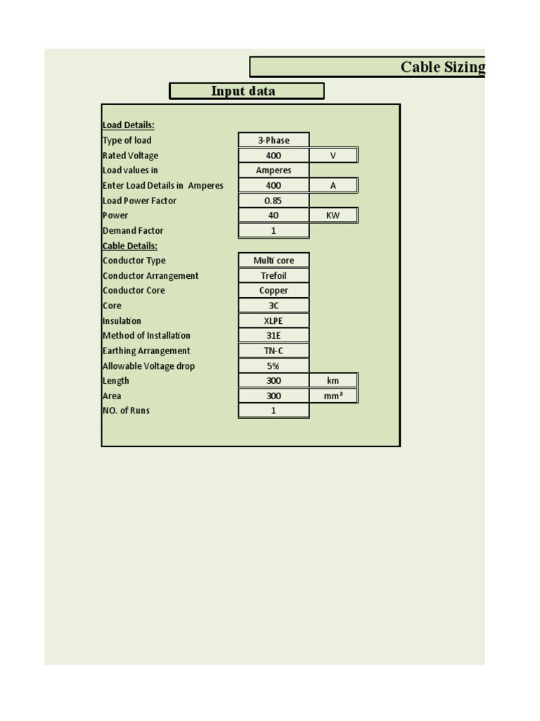 Cable Sizing Spreadsheet: Input Data | PDF