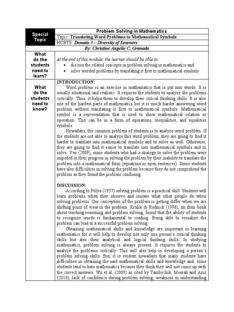 Problem Solving in Mathematics | PDF | Critical Thinking | Teaching ...