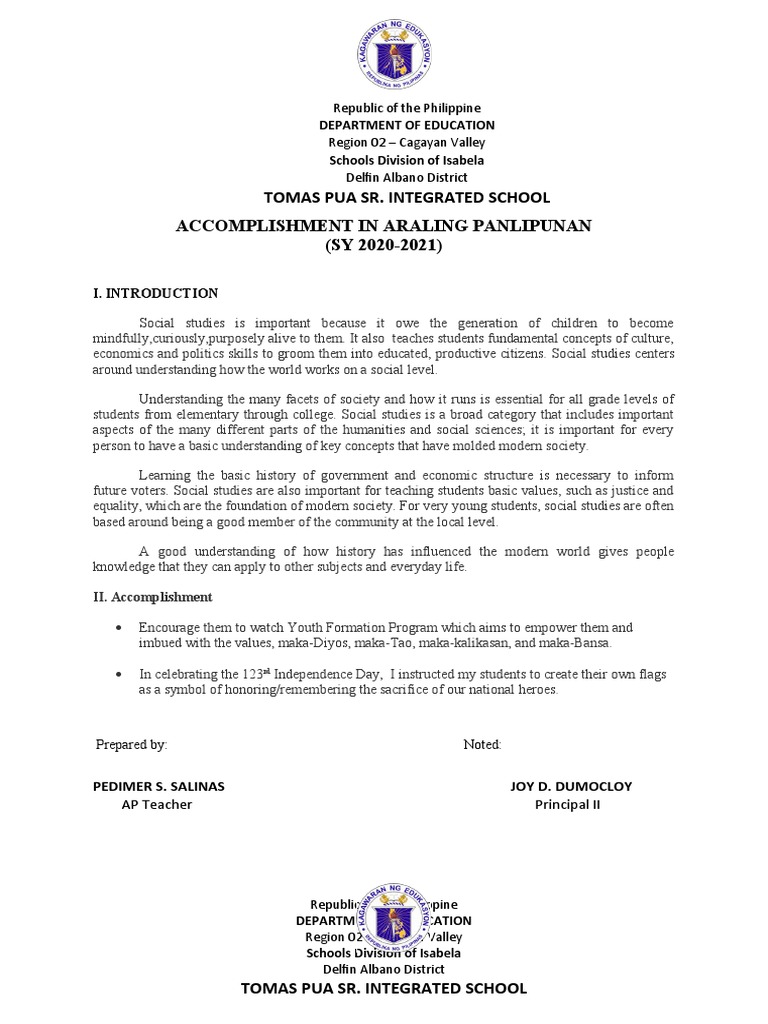Accomplishment Report in AP | PDF | Social Science | Learning