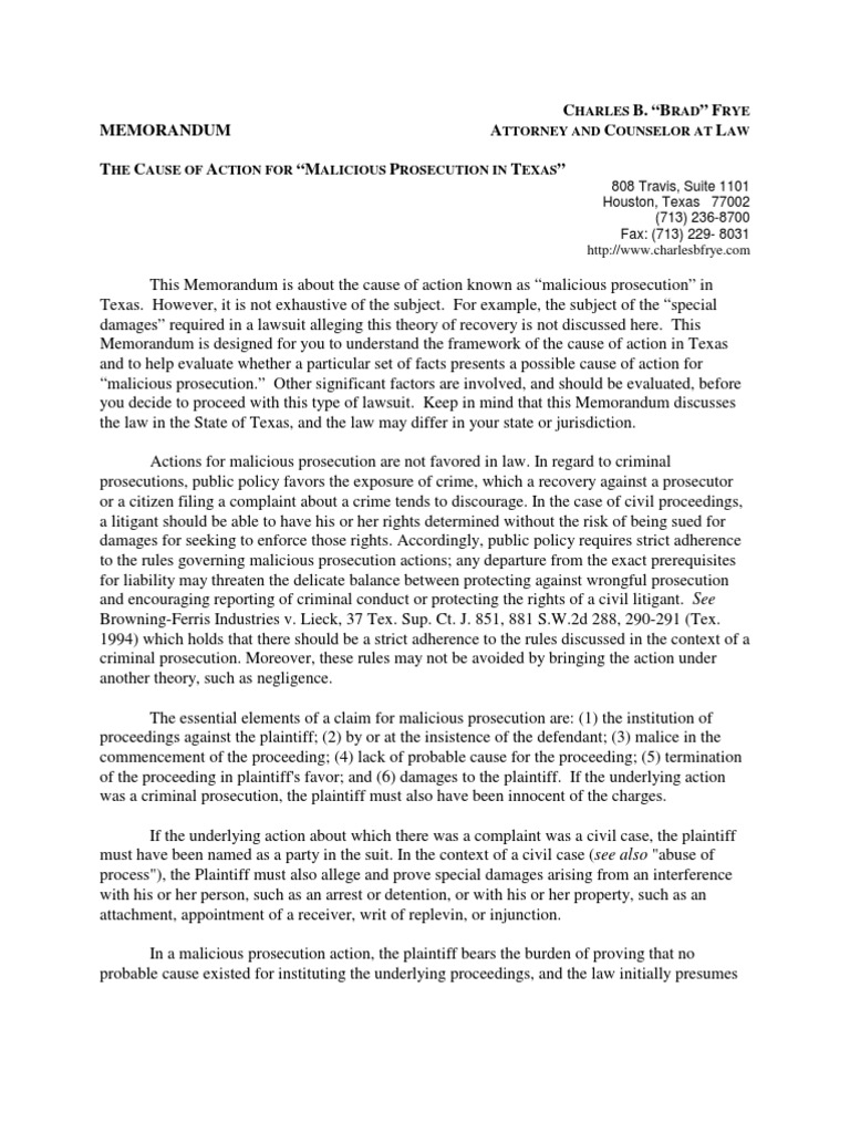 The Cause of Action for "Malicious Prosecution" in Texas | Prosecutor ...