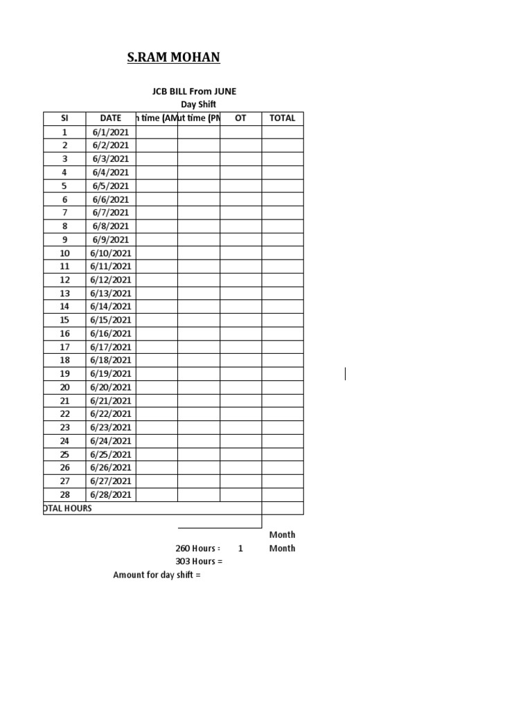 S. Ram Mohan's JCB bill for June 2021 including details of day shift ...