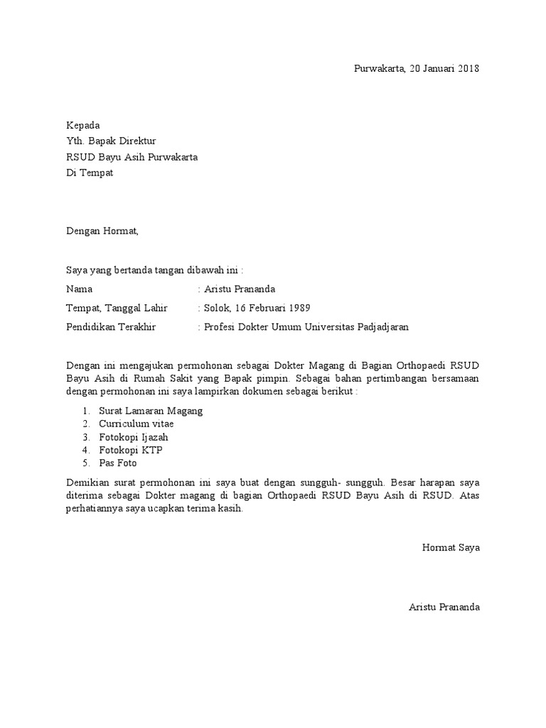 Surat Lamaran Magang RSUD Bayu Asih | PDF