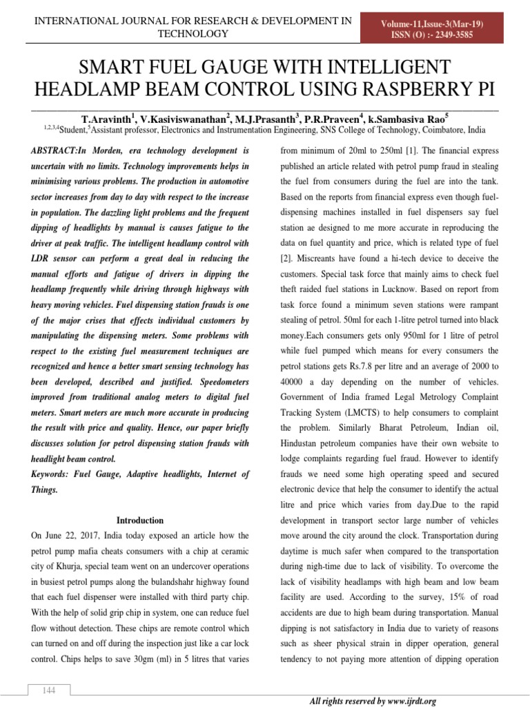 Smart Fuel Gauge With Intelligent Headlamp Beam Control Using Raspberry ...