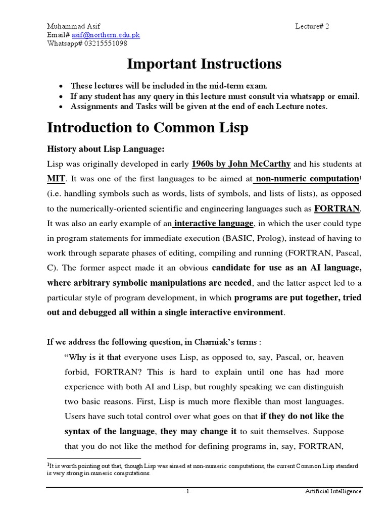 A I Lec# 2 Lisp Introduction | PDF | Parameter (Computer Programming ...