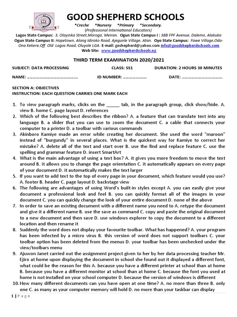 SS1 Data Processing Examination With Test of Practical (Third Term ...