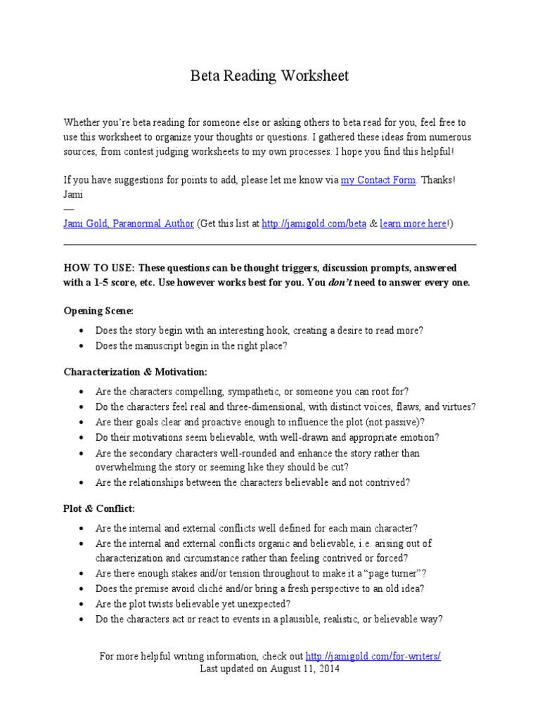 A Comprehensive Beta Reading Worksheet: Questions to Consider When ...