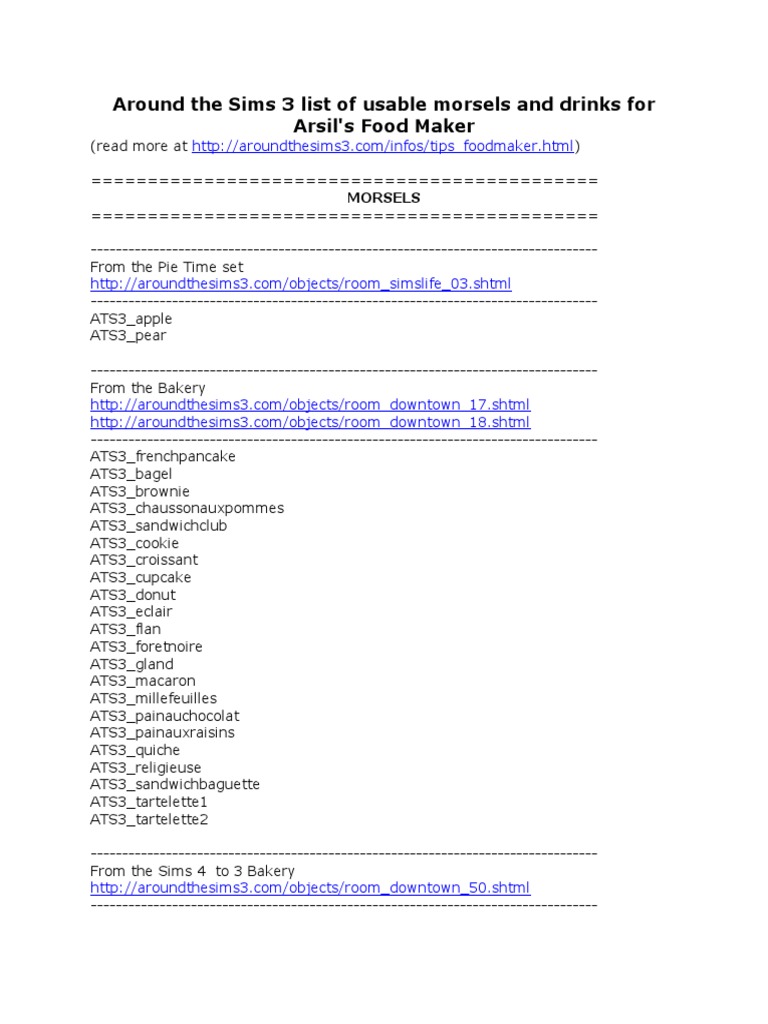 Sims 3 Food Maker morsels drinks list | PDF | Food And Drink | Foods
