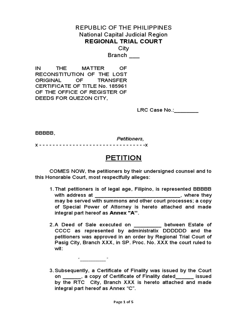 Petition For Reconstitution - XXX | PDF | Deed | Affidavit