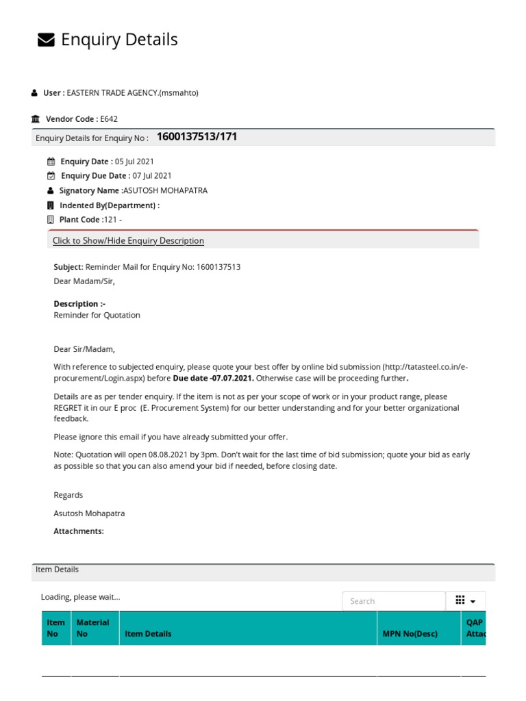 Enquiry Details: Click To Show/Hide Enquiry Description | PDF | Mortar ...