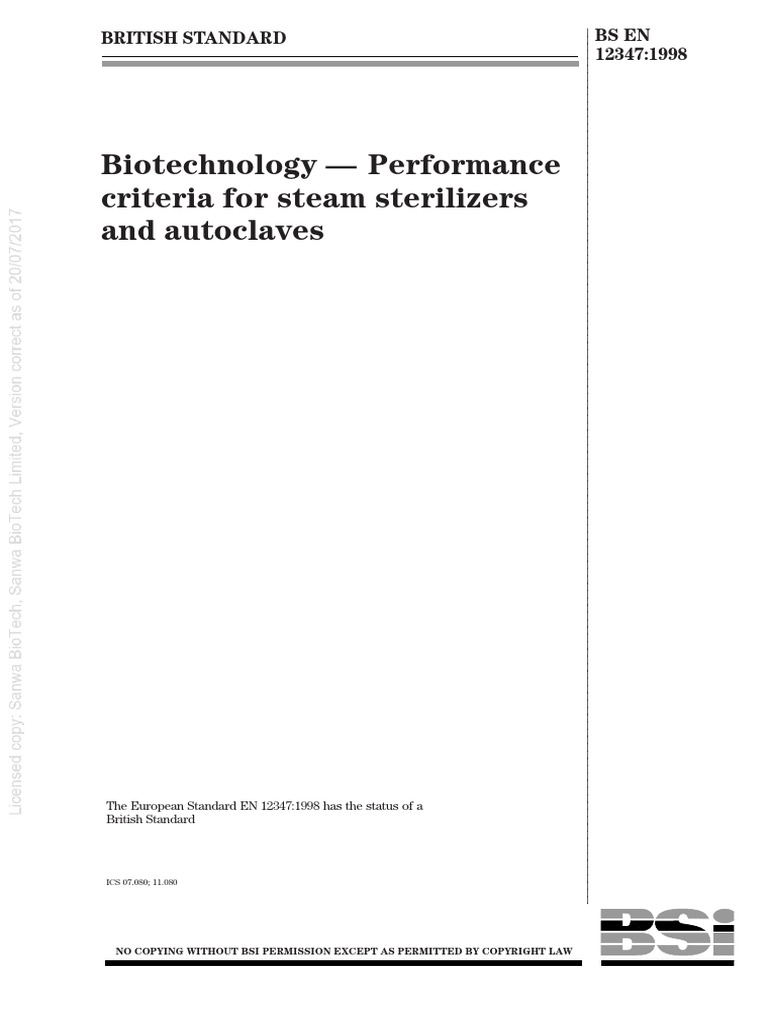 BS en 12347-1998 (Biotechnology - Performance Criteria For Steam ...