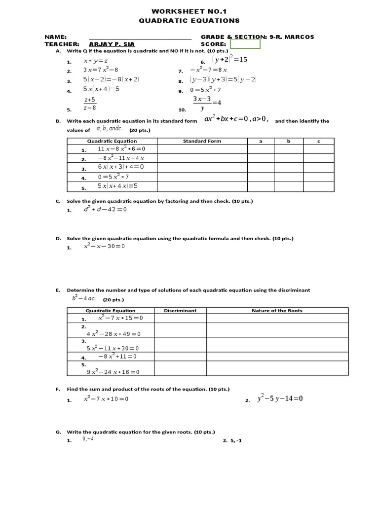 Worksheet No.1-Quadratic Equation | PDF | Quadratic Equation | Equations