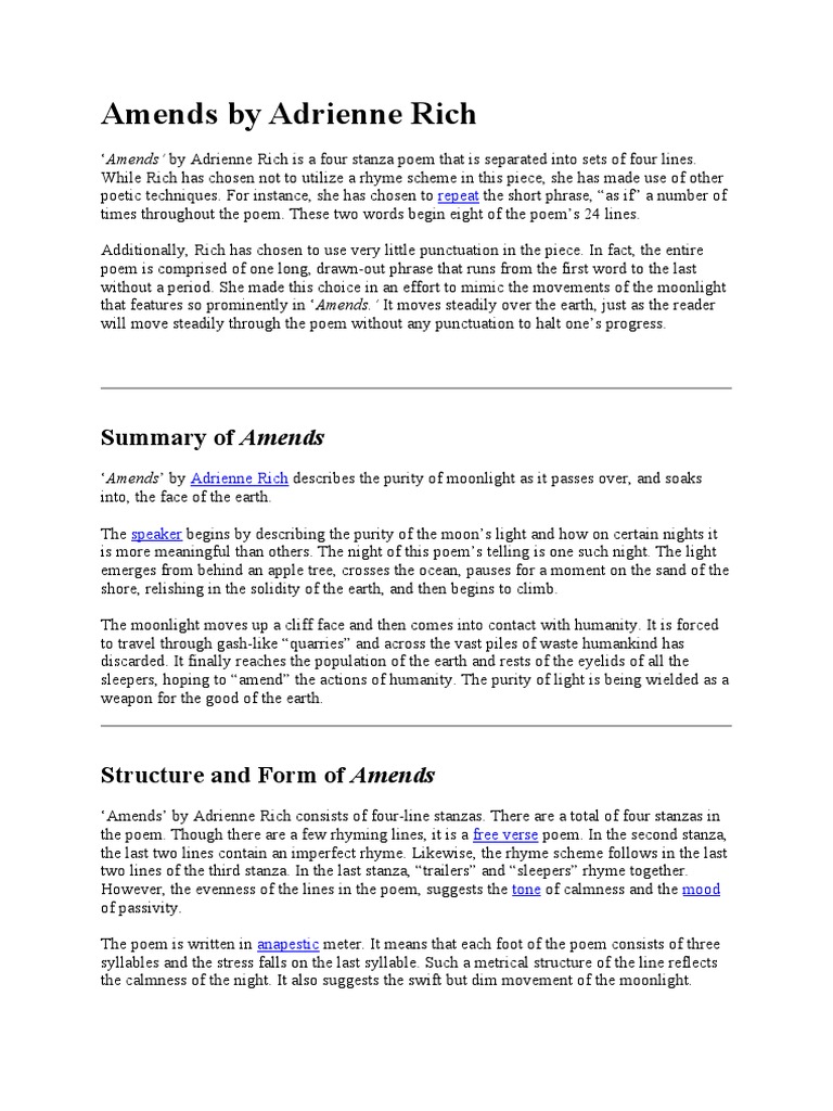 Amends by Adrienne Rich | PDF | Rhyme | Poetry