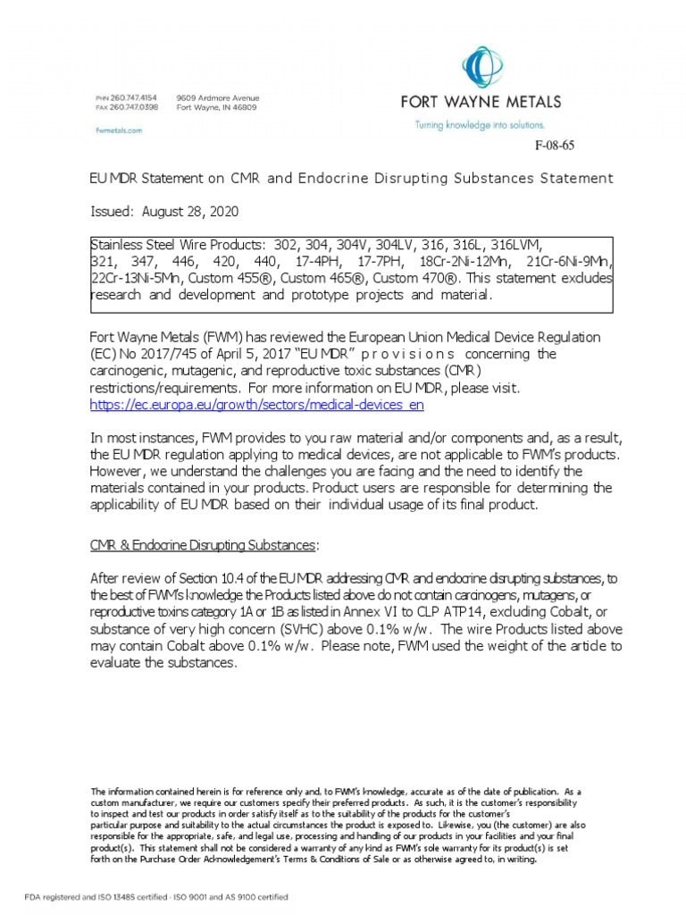 F-08-65 Stainless Steel Alloys Eu MDR Statement On CMR and Endocrine ...