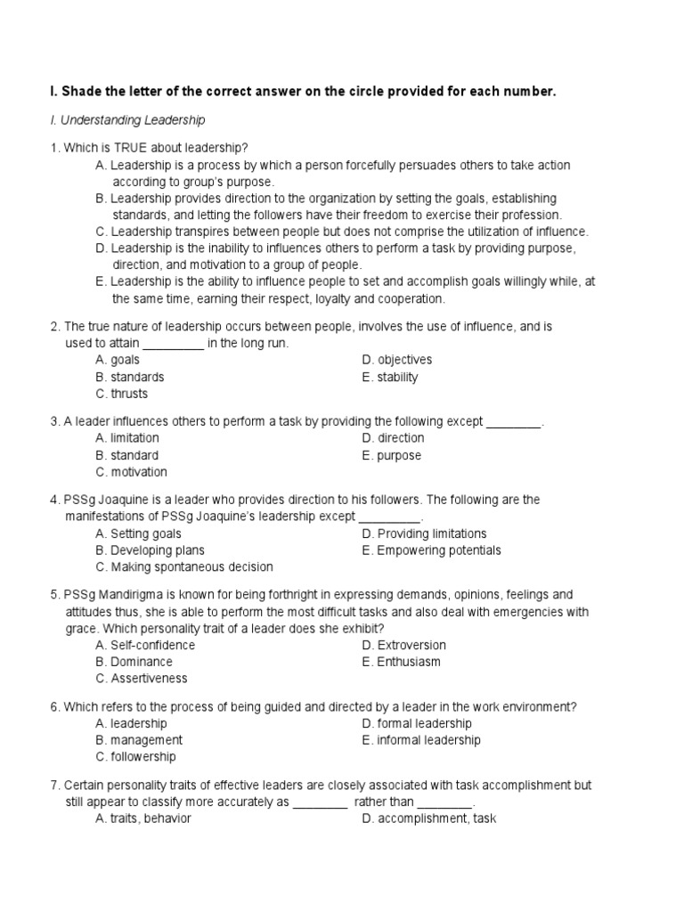 I. Shade The Letter of The Correct Answer On The Circle Provided For ...