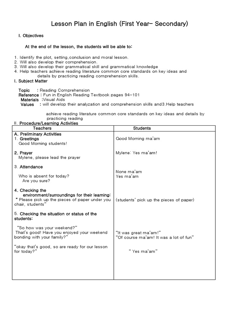 A Detailed Lesson Plan in English | PDF | Reading Comprehension ...