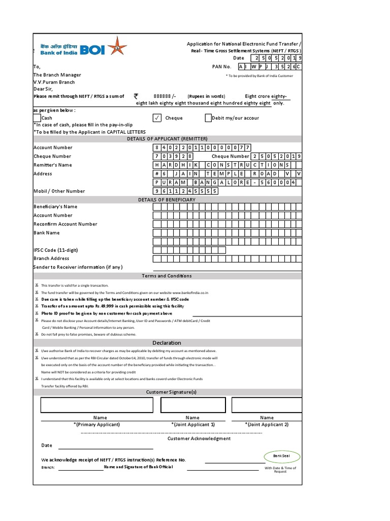 BOI RTGS Form 25.05.2019-Sample | PDF | Banking Technology | Money
