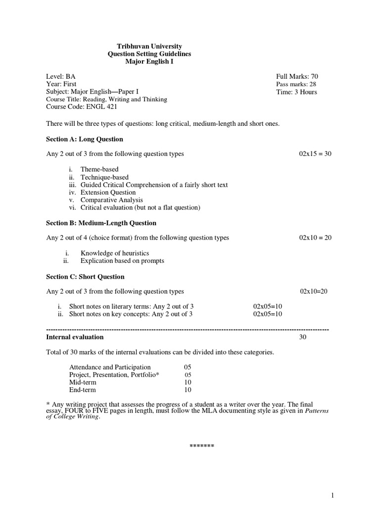 Analysis of a Model Question Set for Major English I Examination at ...