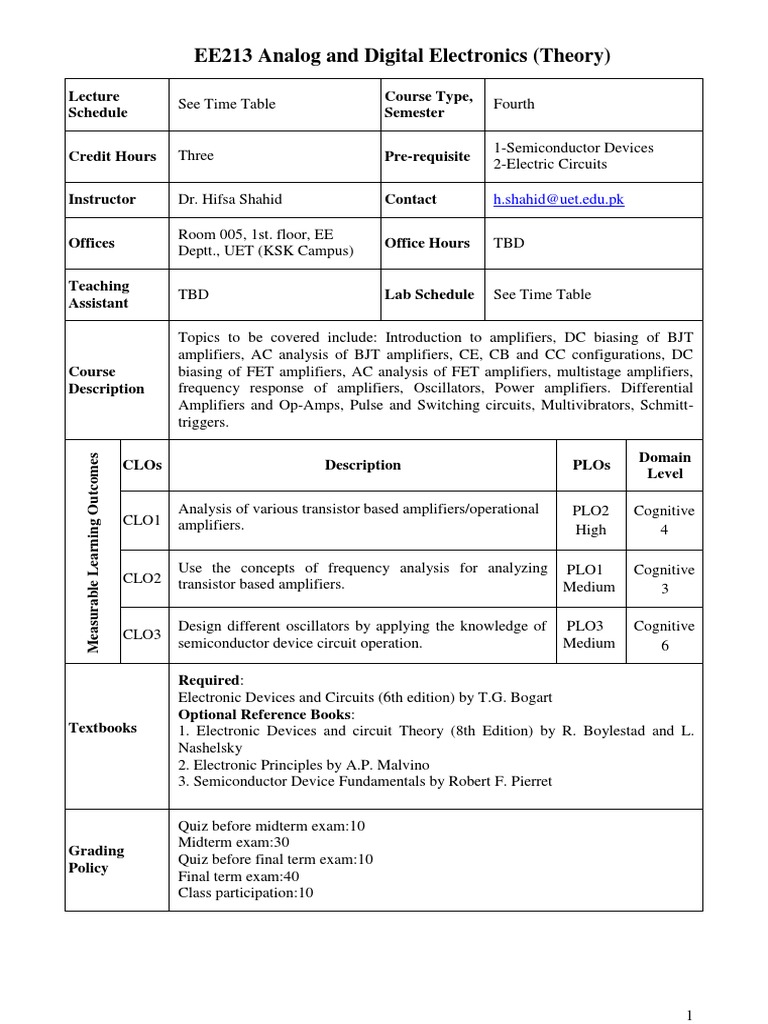 Analog and Digital Electronics - Course Outline 2021 Theory | PDF ...