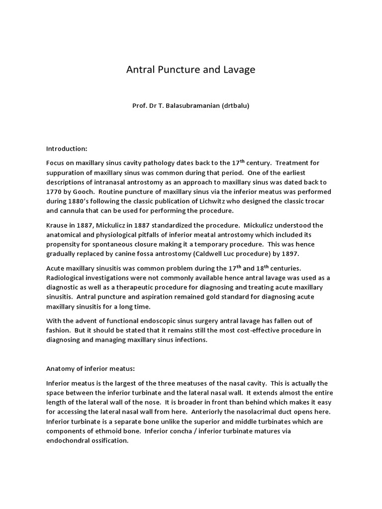 Antral Puncture and Lavage | PDF | Human Nose | Human Head And Neck