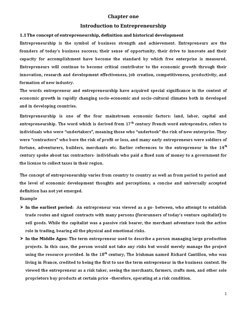 Chapter One Introduction To Entrepreneurship: 1.1the Concept of ...