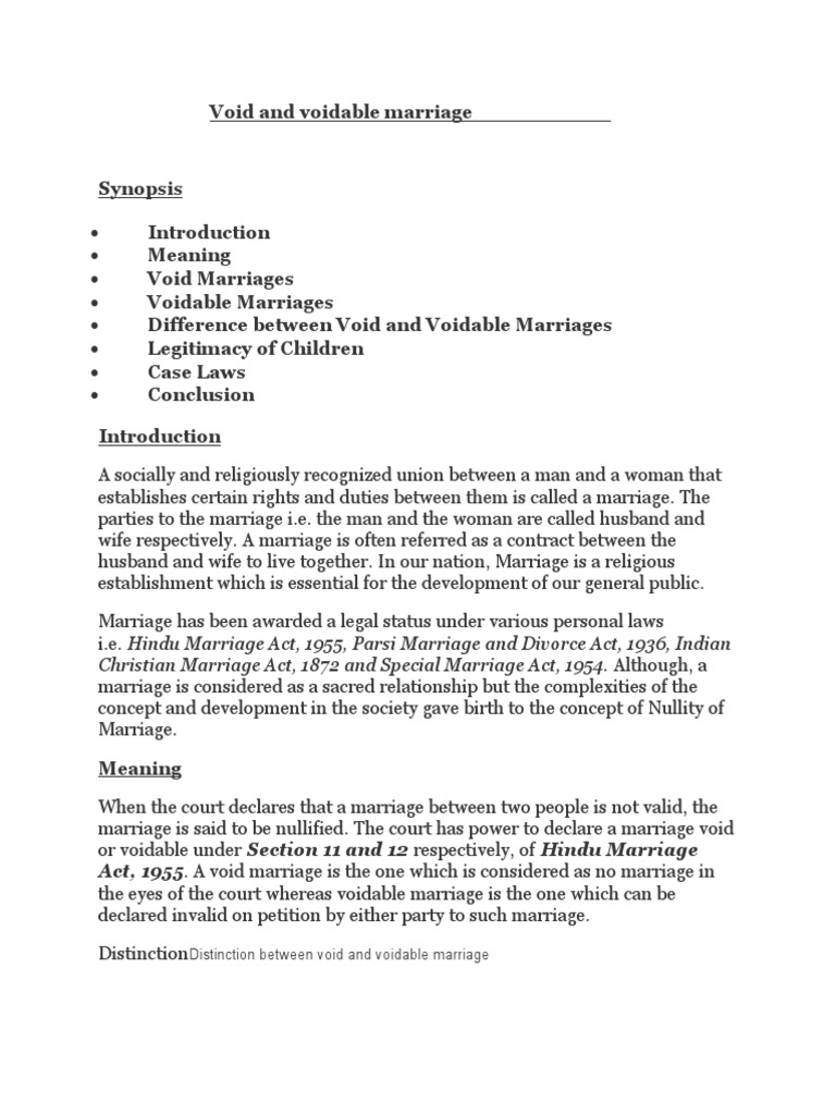 Synopsis Meaning Void Marriages Voidable Marriages Difference Between Void and Voidable ...