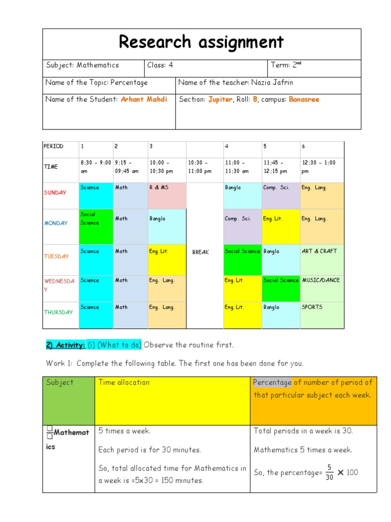Analysis of a Student's Weekly Timetable and Mathematics Class ...