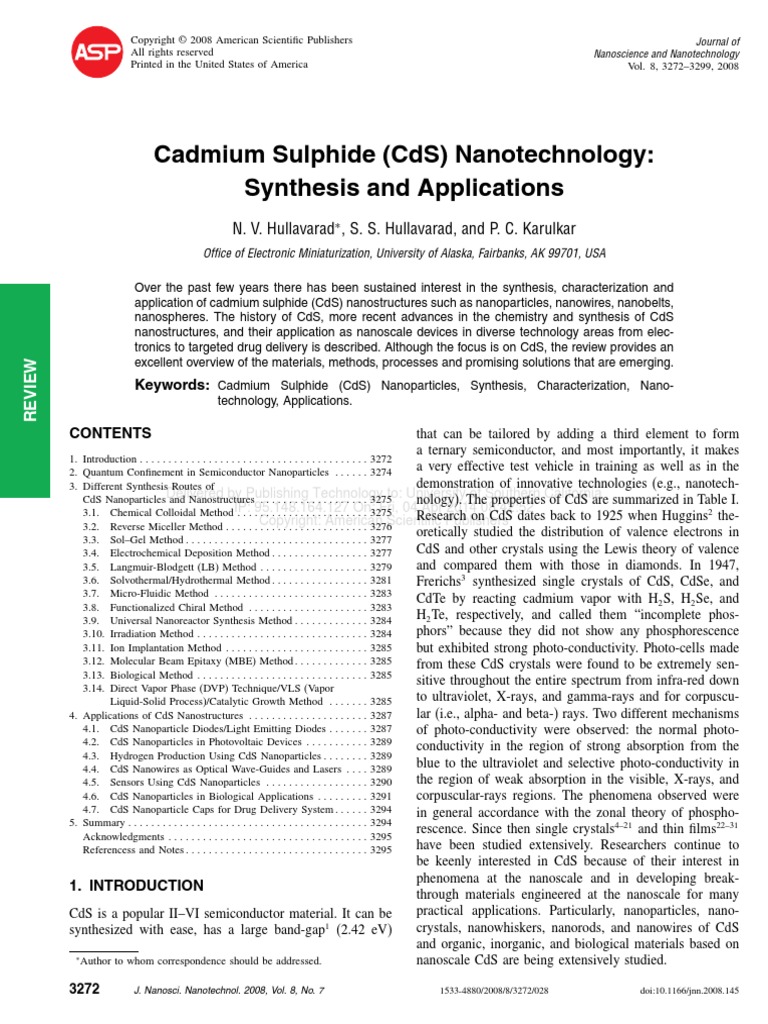 Cadmium Sulphide (CDS) Nanotechnology: Synthesis and Applications | PDF | Nanoparticle ...