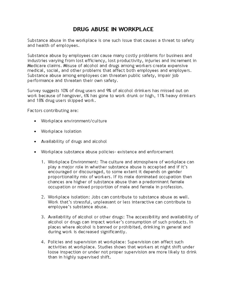 Drug Abuse in Workplace | PDF | Substance Abuse | Alcoholism