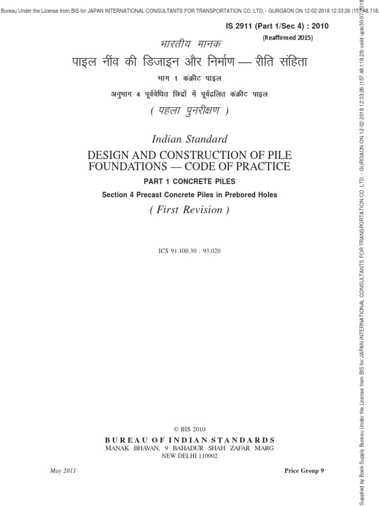 IS 2911 Part 1 Sec 4 2010 Ref 2015 PDF Deep Foundation