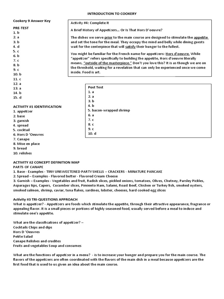 Introduction To Cookery Cookery 9 Answer Key Pre-Test | Download Free ...