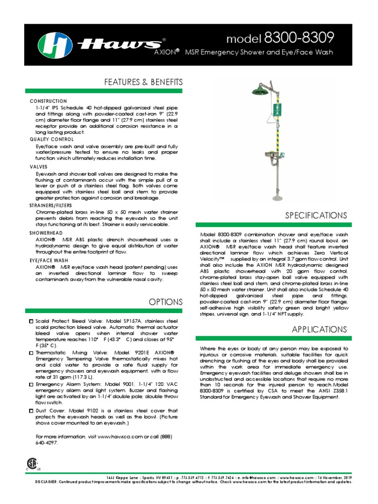 Haws Model 8300 8309 Specsheet PDF | PDF | Valve | Shower