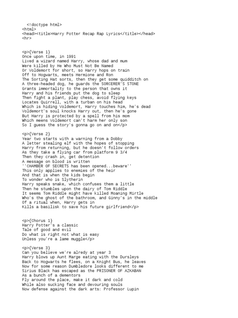 Harry Potter Recap Rap Lyrics | PDF | Fantasy Novel Series | Harry Potter