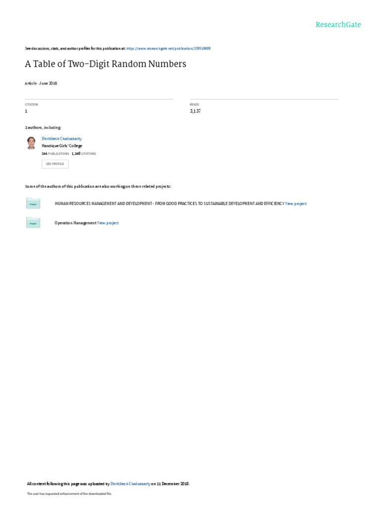 A Table of Two-Digit Random Numbers: June 2016 | PDF