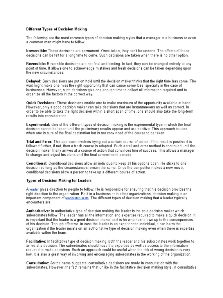 Types of Decision Making Explained | PDF | Decision Making | Cognition