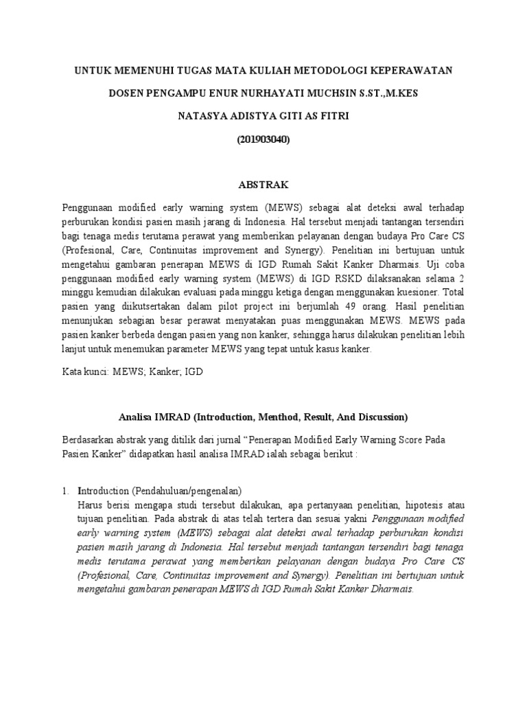 Analisa IMRAD Pada Abstrak (Natasya A 201903040) | PDF