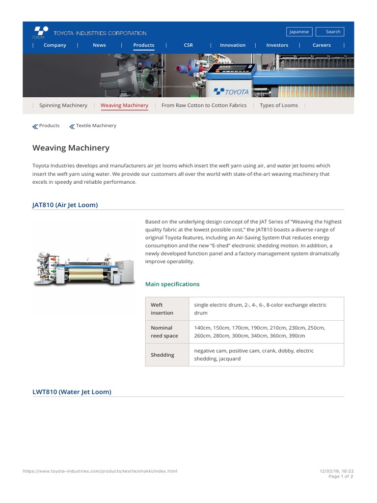 Weaving Machinery - Toyota Industries Corporation | PDF | Weaving | Loom