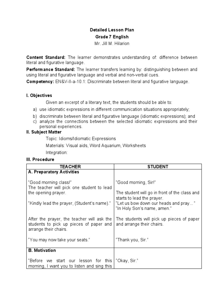 Detailed Lesson Plan | PDF | Idiom | Lesson Plan