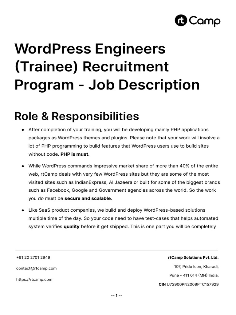 (Rtcamp) WordPress Engineers (Trainee) - Campus Job Description 2021 | PDF | Word Press ...