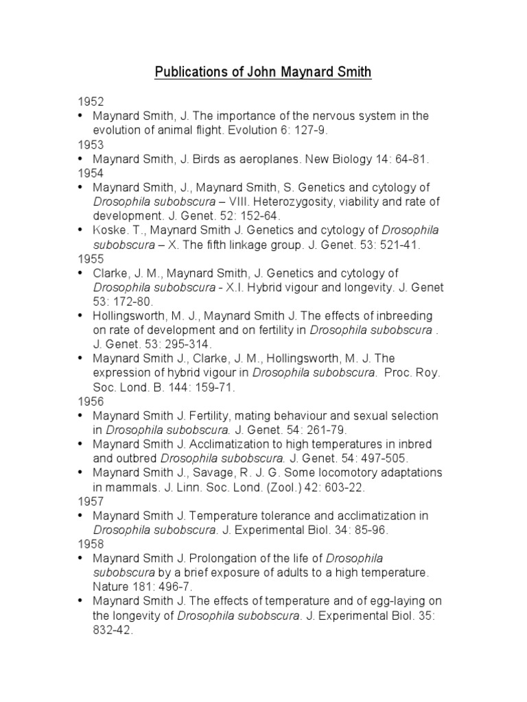Publications of John Maynard Smith | PDF | Sociobiology | Evolution