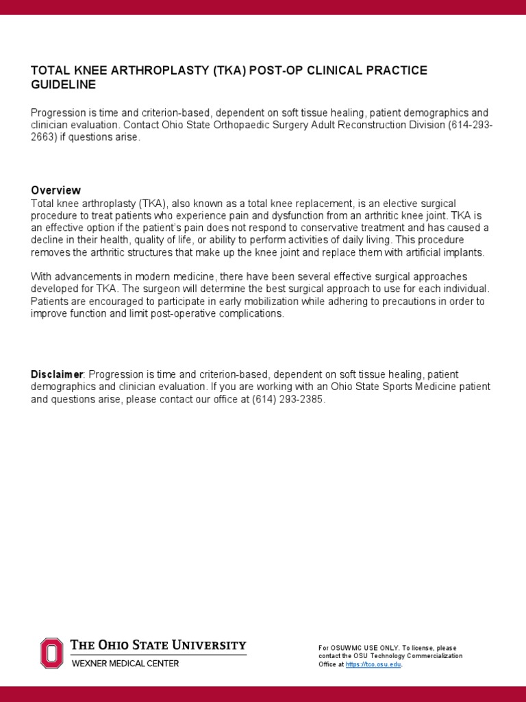 Total Knee Arthroplasty (Tka) Post-Op Clinical Practice Guideline | PDF ...