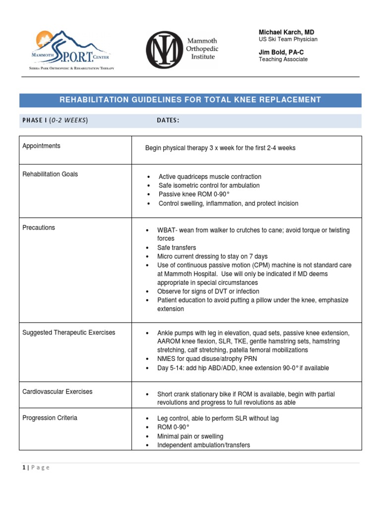 Rehabilitation Guidelines For Total Knee Replacement: Phase I (0-2 ...