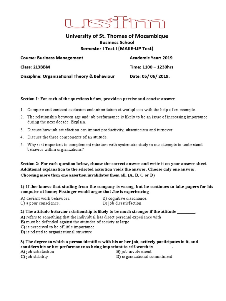 Test 1 MAKE UP | PDF | Job Satisfaction | Attitude (Psychology)