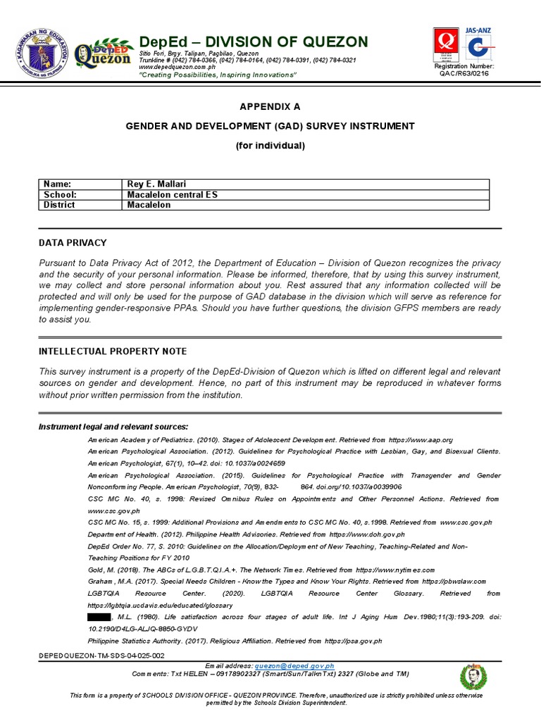 Deped - Division of Quezon: Appendix A Gender and Development (Gad ...