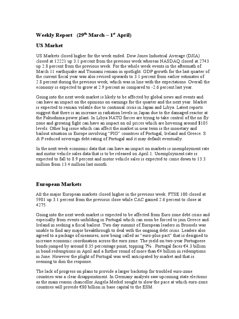 WEEKLY MARKET REPORT | PDF | Eurozone | Dow Jones Industrial Average