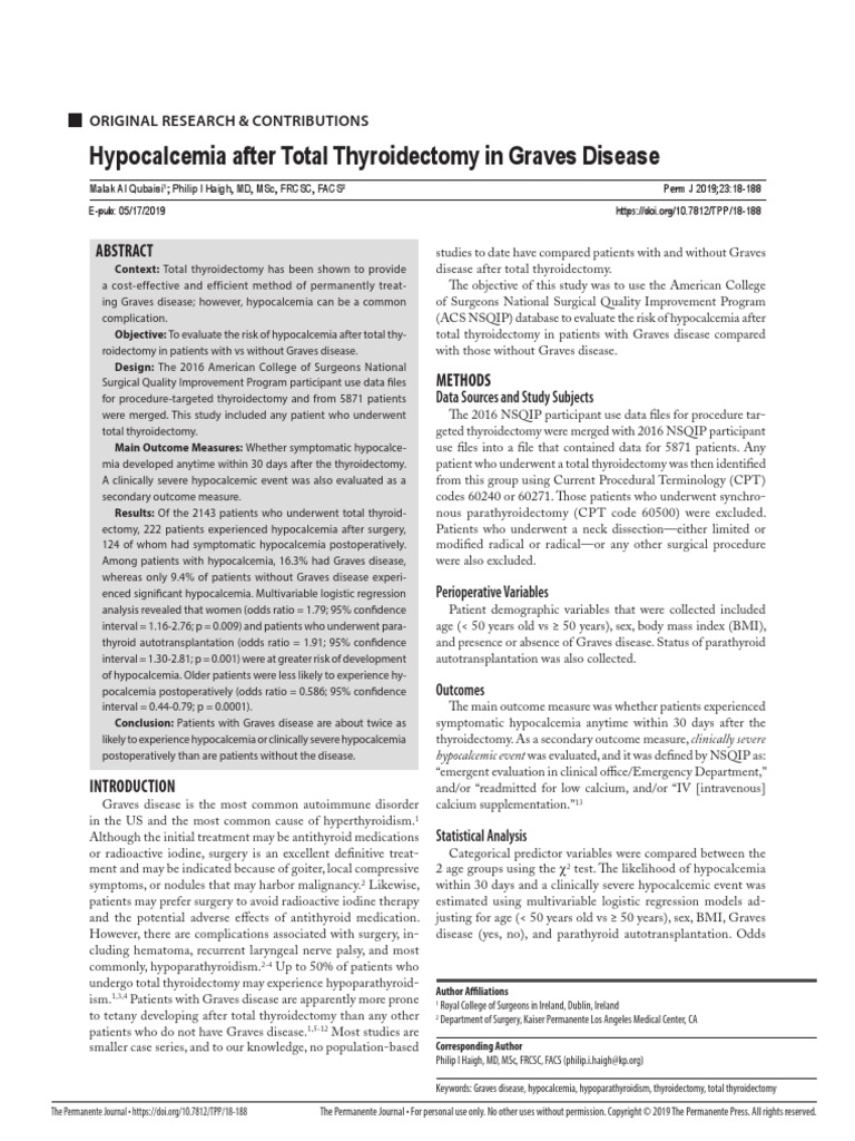 Hypocalcemia After Total Thyroidectomy in Graves Disease: Original Research & Contributions ...