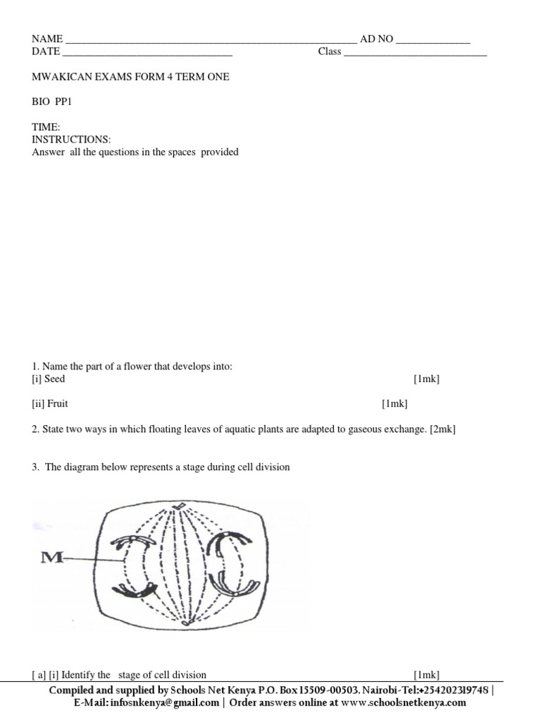 Biology Form4 Term1 p1 Question Paper 2019 | PDF | Cell (Biology ...