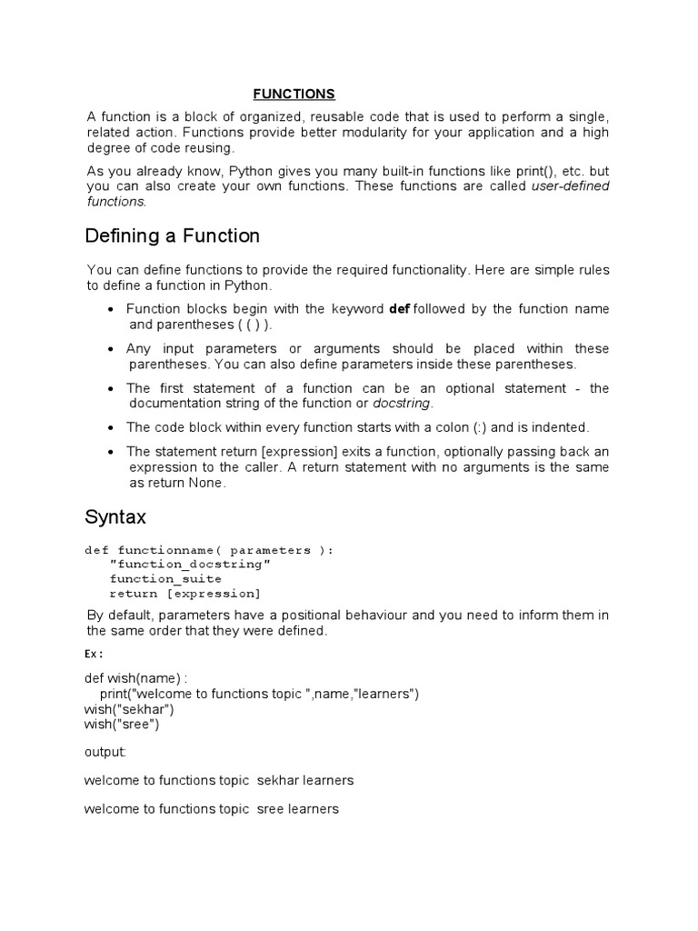 Defining A Function Functions Pdf Anonymous Function Parameter Computer Programming