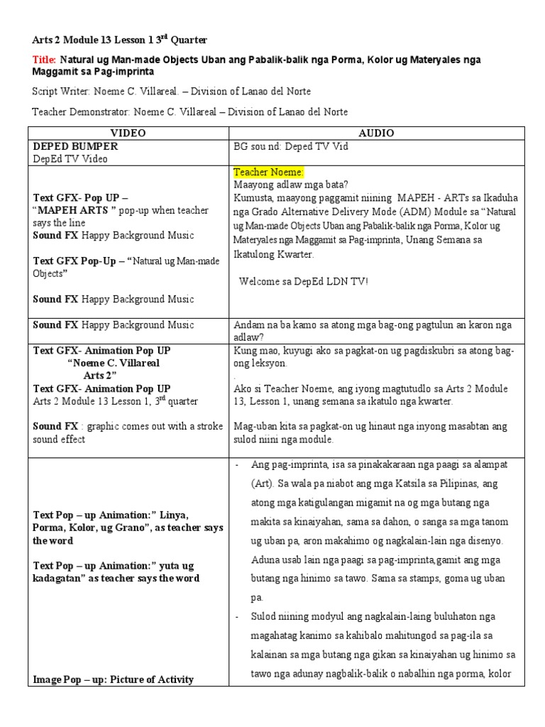 Arts 2 Module 13 Lesson 1-Script | PDF