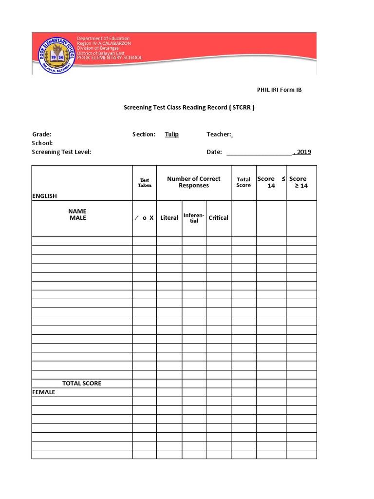 PHIL IRI FORM 1B - English-Screening Test Class Reading Record | PDF